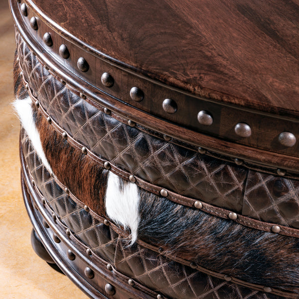 Durango Vault Cowhide Coffee Table – Round Storage Table – Into The West