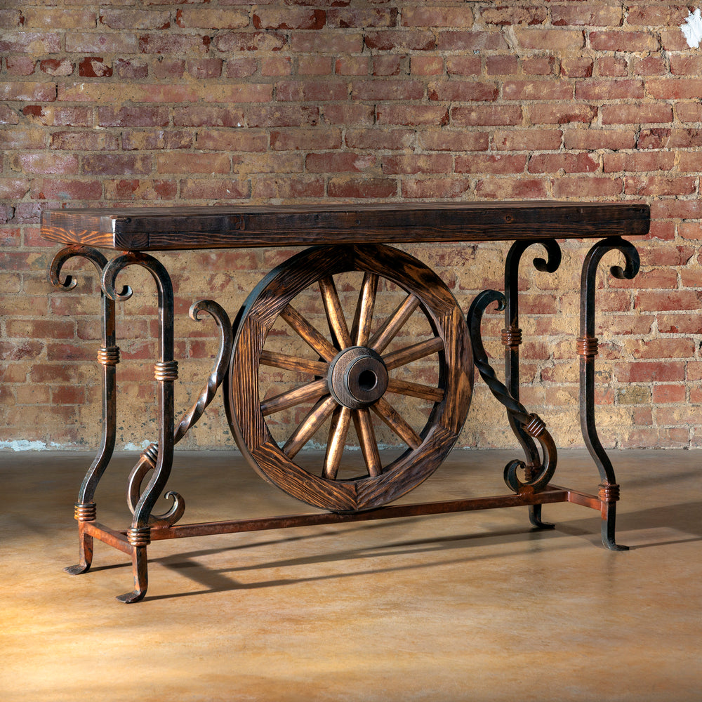Hacienda Wagon Wheel Console Table – Rustic Western Entryway Furniture – Into the West