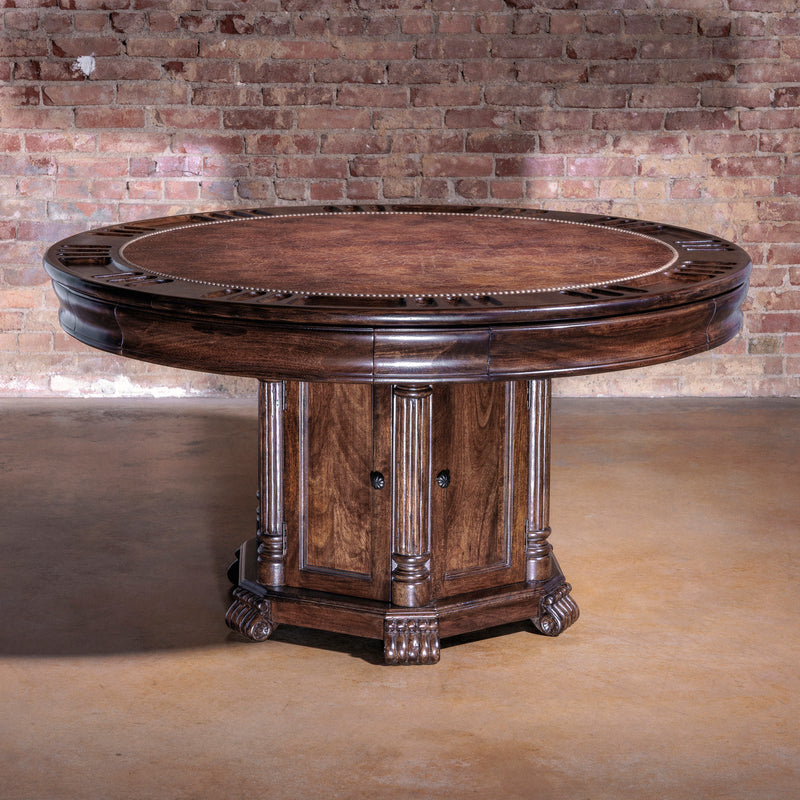 Outlaw’s Round Poker Table | Reversible Wood + Leather Top – Into The West