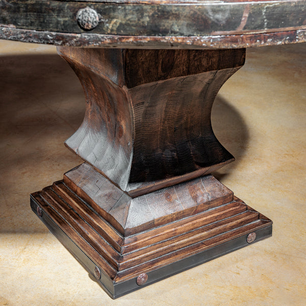 Round Reclaimed Wood Western Dining Table with Iron Trim – Into The West