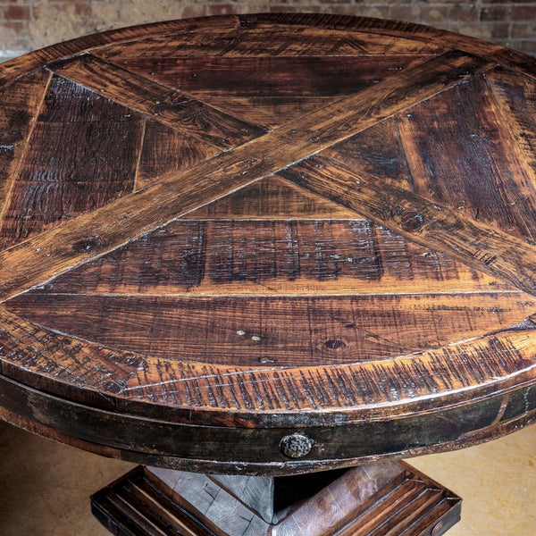 Round Reclaimed Wood Western Dining Table with Iron Trim – Into The West